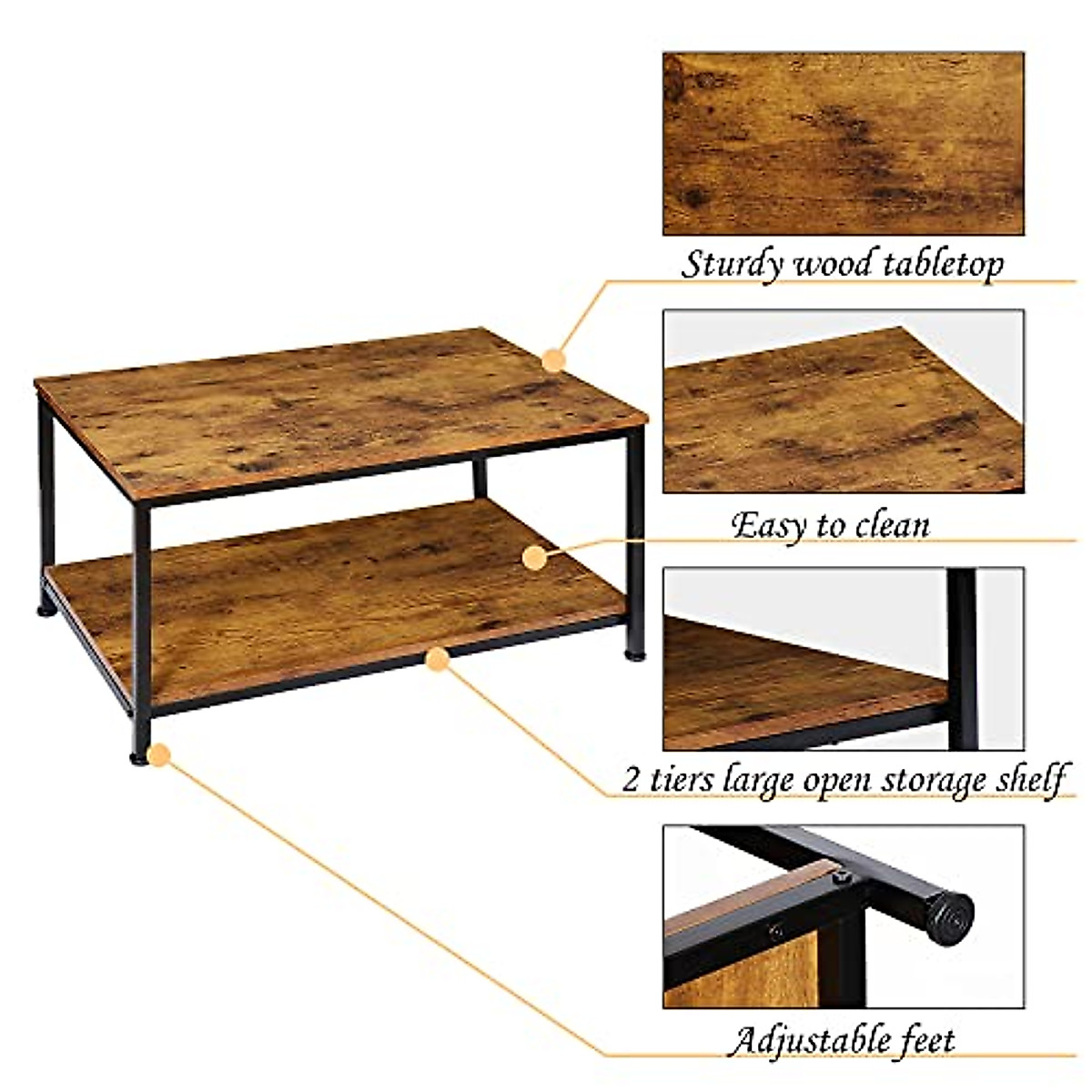 SUPER DEAL 2-Tier Industrial Coffee Table with Storage Shelf for Small Apartment Living Room, Rectangle Wood and Stable Metal TV Stand Side End Table, Retro Brown