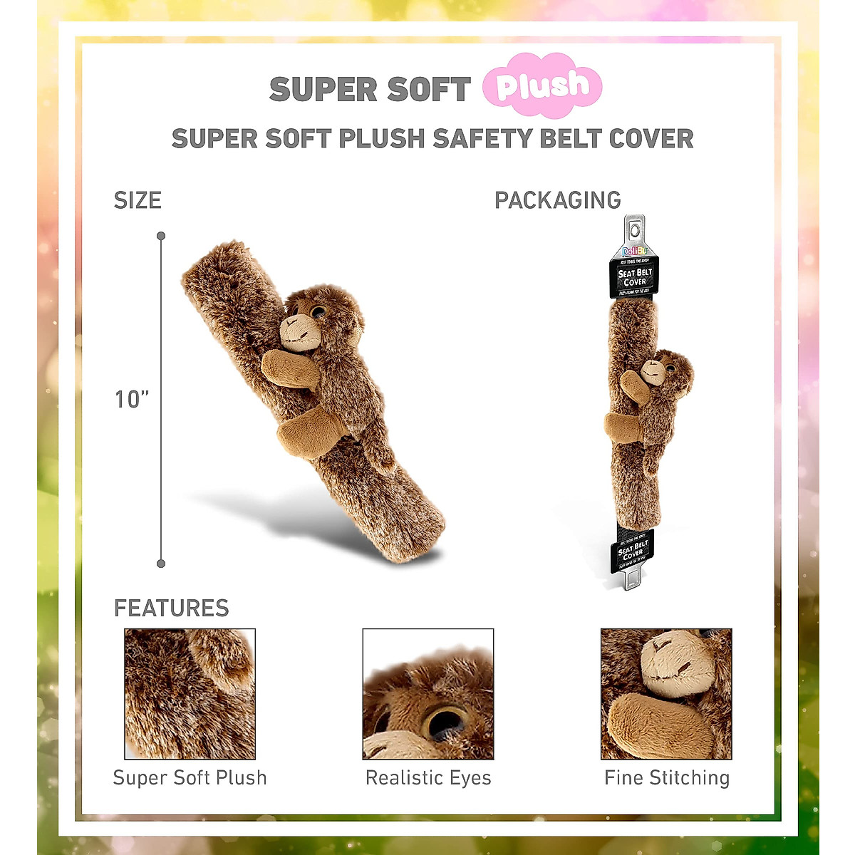 DolliBu Brown Monkey Plush Car Seatbelt Cover - Soft Fluffy Cushion Support for Safety Seat Belt Strap Cover, Decorative Wild Life Stuffed Animal Padded Toy Cute Vehicle Accessory for Kids & Adults