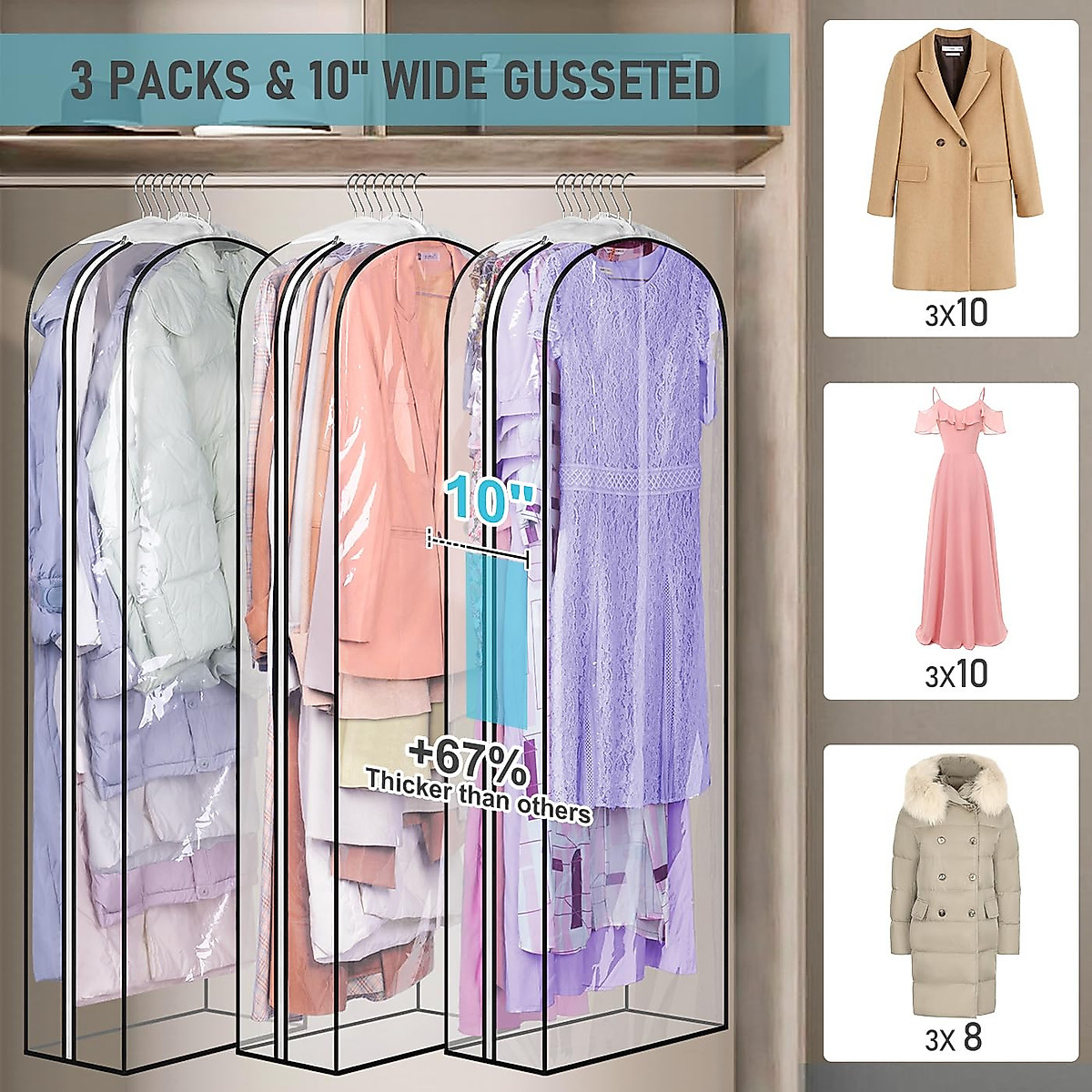 MISSLO 10" Gusseted All Clear Garment Bags for Hanging Clothes 60" Dress Bags for Gowns Long Fur Coat Closet Storage Covers, 3 Packs