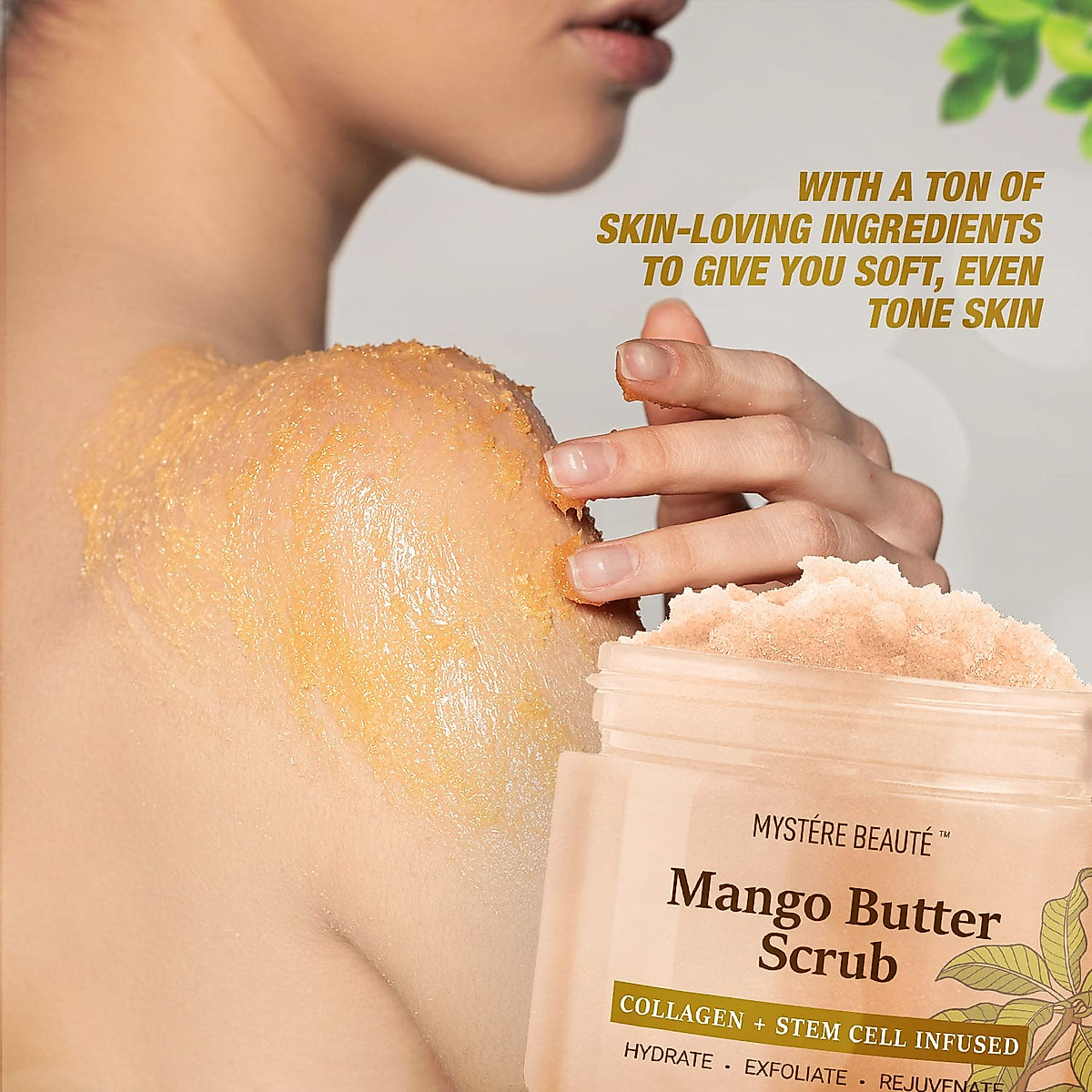 Mango Butter Body Scrub with Collagen and Stem Cells 12 oz - Exfoliating Salt Scrub for Cellulite - Deep Cleansing for Acne, Scars, Wrinkles - Moisturizes Skin