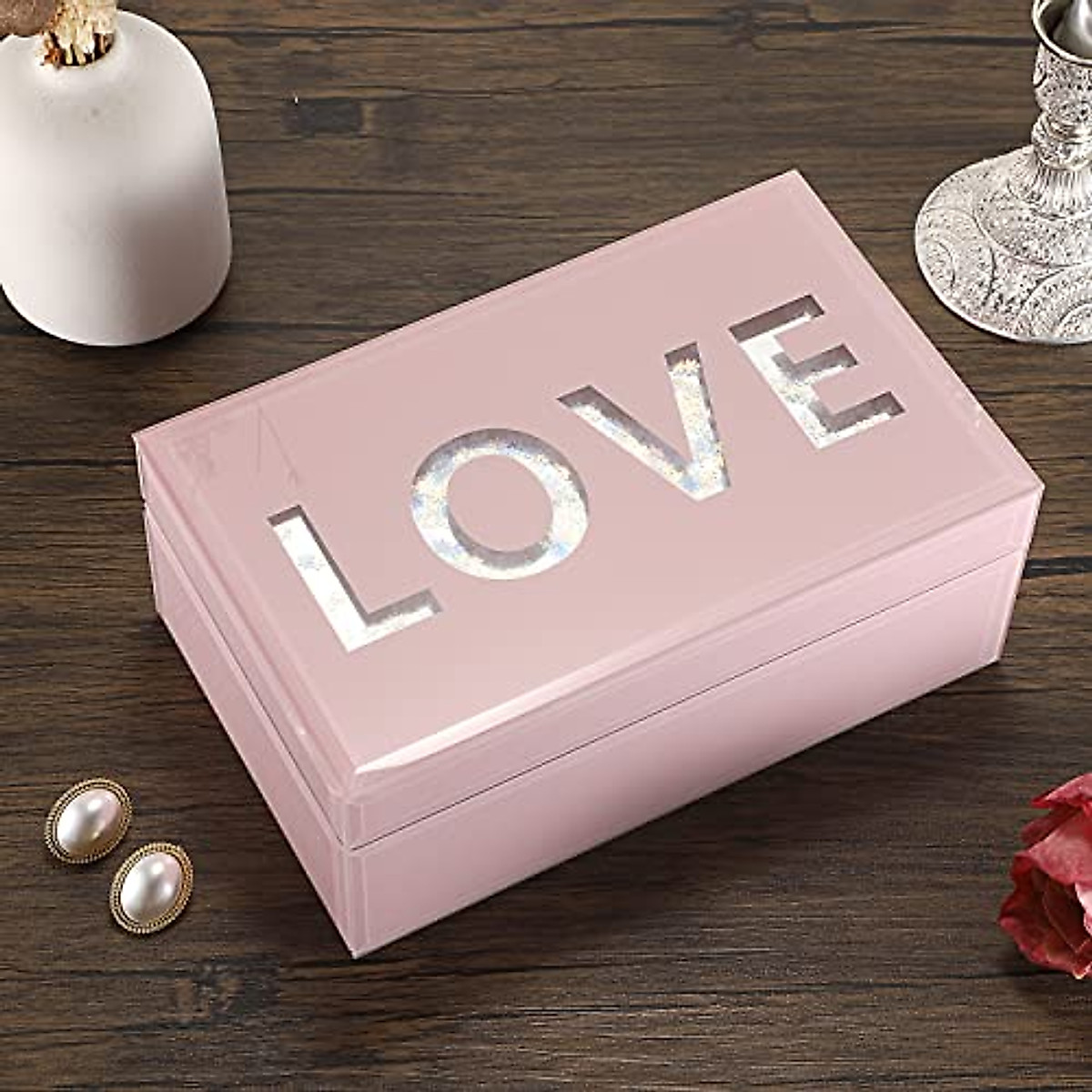 Hipiwe Glass Jewelry Box Trinket Organizer with Hollowed-out LOVE and Sequin Decor,Pink Jewelry Display Box Home Decorative Box Keepsake Gift Box for Women Girls