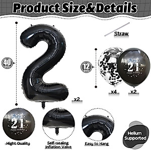 21st Birthday Balloons Black, 21st Birthday Decorations for Him with Large Number 21 Foil Balloon Birthday Confetti Balloons Metallic Black Latex Balloons for Her Girls Boys 21 Years Old Bday Decor