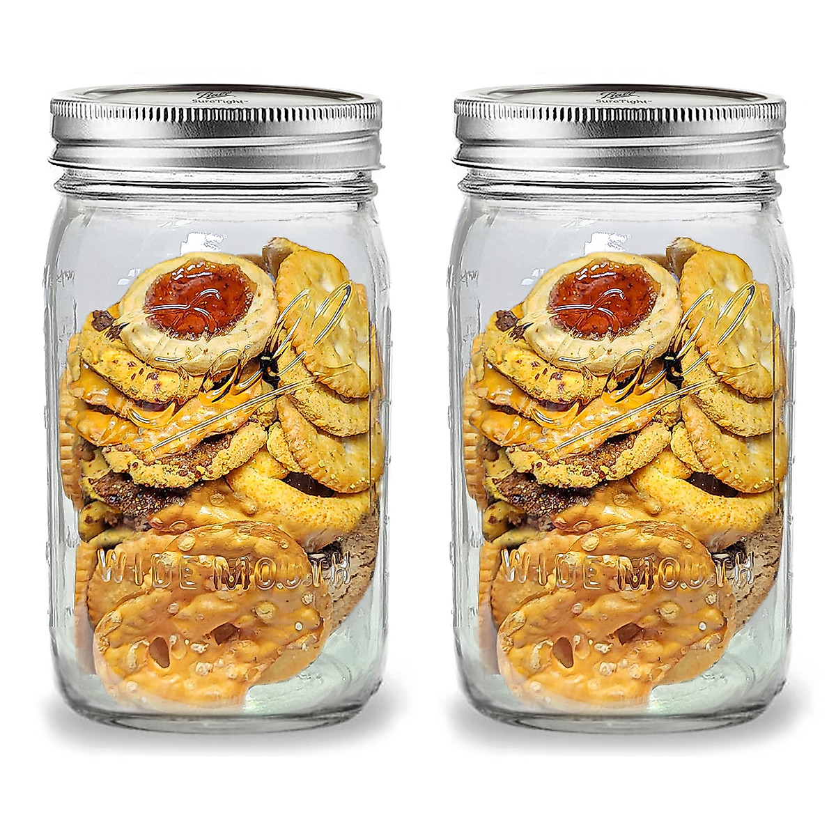 (2 Pack) - Ball Wide Mouth 32-Ounces Quart Mason Jars With Airtight lids and Bands - Clear Glass Mason Jars For Storage, Canning, Overnight Oats, Cold Brew Coffee + M.E.M Rubber Jar Opener Included