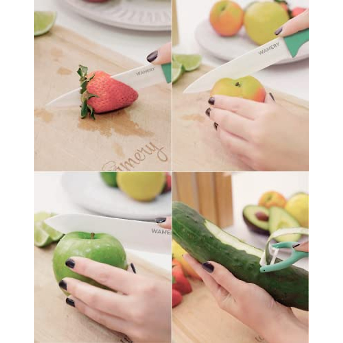 Wamery Ceramic Knife Set with Block - Chef Knife, Utility Knife, Paring Knife Rust Proof Sharp Turquoise Kitchen Knife Set with Wood Block and Fruit Peeler