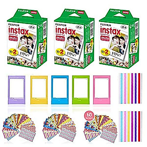 Fujifilm Instax Mini Instant Film (3 Pack, 60 Sheets) 5 Plastic Desk Frames, 60 Sticker Frames, 10 Hanging Creative Frames, 1 Pack Corner Stickers.
