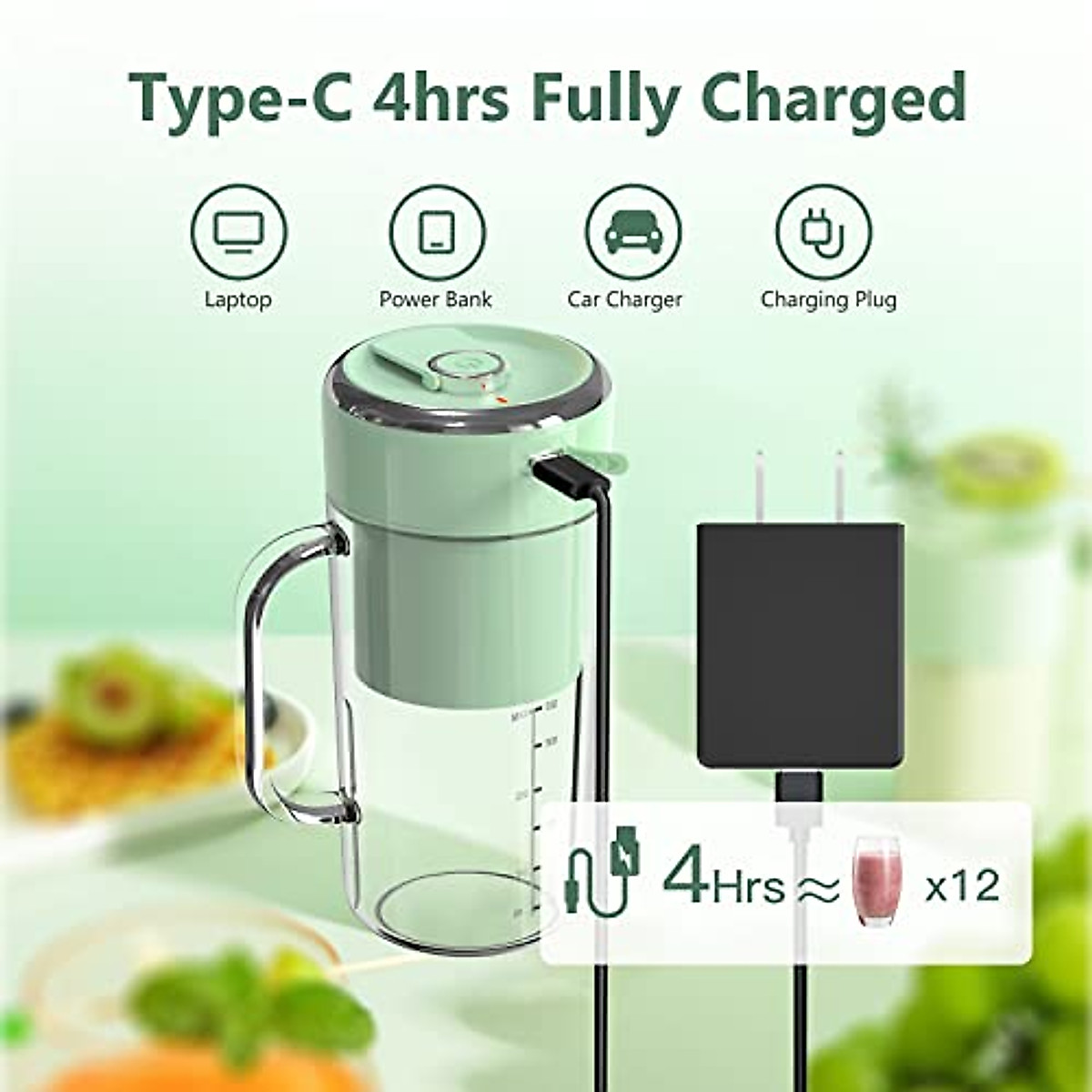 PKBD Portable Blender, Juicer with 15-Second Ice-Crushing Power, 8 Blades, Blender for Shakes and Smoothies,12 oz Easy-to-Clean Personal Blender with Charger, Straw, Cleaning Brush, Green