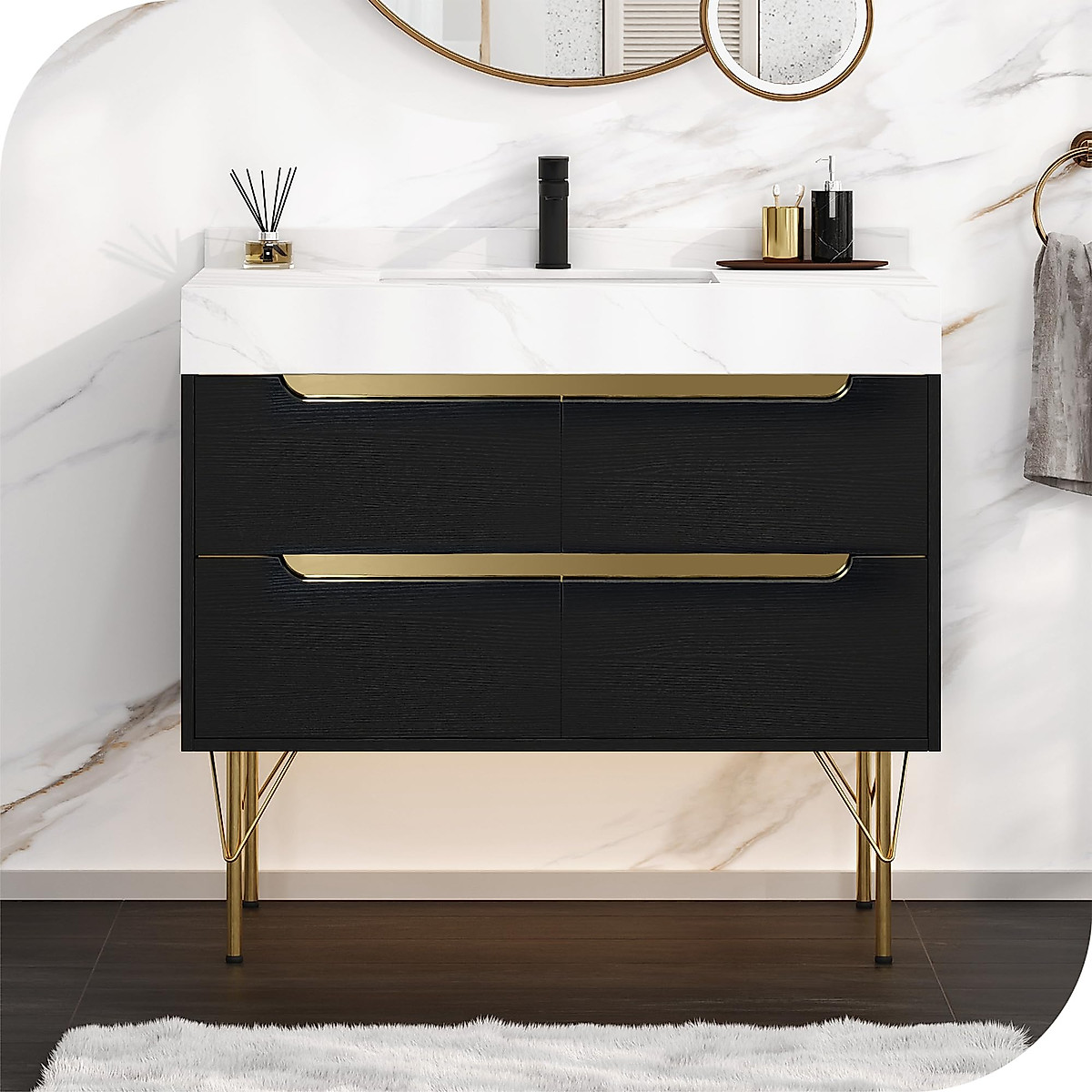 HERNEST Bathroom Vanity with Sink 36 Inch Bathroom Cabinet Freestanding Storage Vanity with Rock Panel Countertop, Ceramic Basin Sink and 4 Drawers, Black