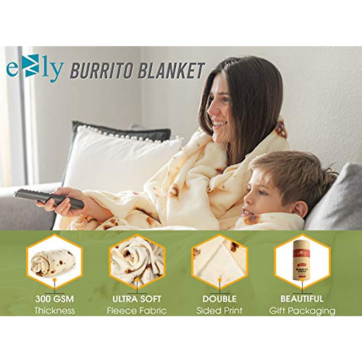 ezly (80" Burrito Tortilla Taco Blanket, Incredibly Soft, Premium Double Sided Wrap Microfiber Fleece Throw, Food Blanket for Adults, Kids