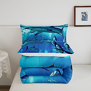 Erosebridal Blue Ocean Bedding Set Twin Size,3D Shark Duvet Insert Underwater Scenery Comforter Set Nautical Sea Animal Aquarium Quilted Duvet Coastal Creature Marine Life Bedroom Decor