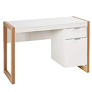 Tangkula White Desk with Drawer & Cabinet, Wooden Home Office Desk, PC Laptop Workstation Study Writing Desk, Ideal for Bedroom Home Office (White & Natural)