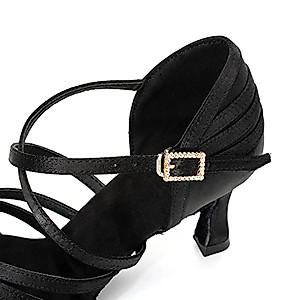 DKZSYIM Women's Satin Latin Dance Shoes Professional Ballroom Salsa Practice Performance Dancing Shoes,2324-Black-7.5,US 7
