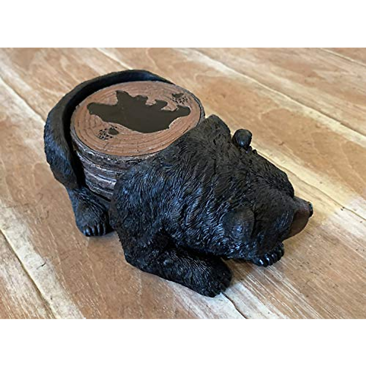 Sleepy Black Bear Coaster Set - Rustic 4 Coasters and Holder