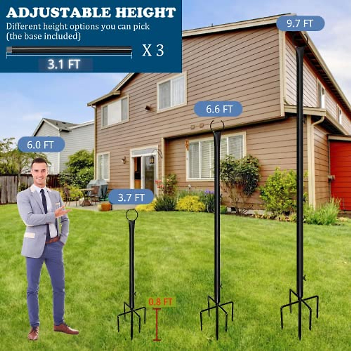 2 Pack - 9.7FT Adjustable String Light Pole for Outside, Outdoor Lighting Poles, Patio Light Poles for Garden, Lawn, Patio and Fence
