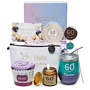 SKYHUG 60th Birthday Gifts for Women, Birthday Gifts Ideas Box forHer Include Mug Gift Cards Socks Straw Candle Bottle Opener Coaster Stopper and Brush - Ideal Birthday Gift Box for Mom (60th)