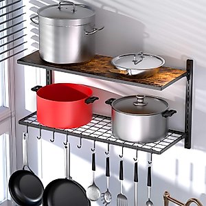 HOYRR Pot Rack Wall Mounted,Pot Hanger,Wall Rack for Pots and Pans,Adjustable Wall Mount Pot Rack,Wall Pot Rack is a Combination of Wood and Iron,Measures 28.7 x 10 x 16 Inches.(With 12 S-hooks)