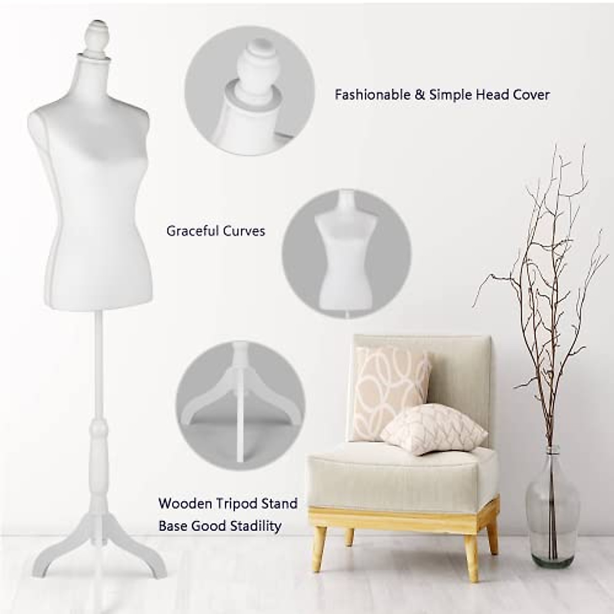 Encomle Dress Form Female Mannequin Torso, Height Adjustable Mannequin Body with Stand for Sewing, Display, White