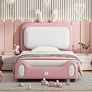 CJLMN Upholstered Rabbit Shaped Princess Bed Pink Platform Bed, Twin Size Wood Bed Frame with Bunny Ears Headboard and Bunny Tail Footboard, Kids Bedroom Furniture Fun Cute Rabbit Bed