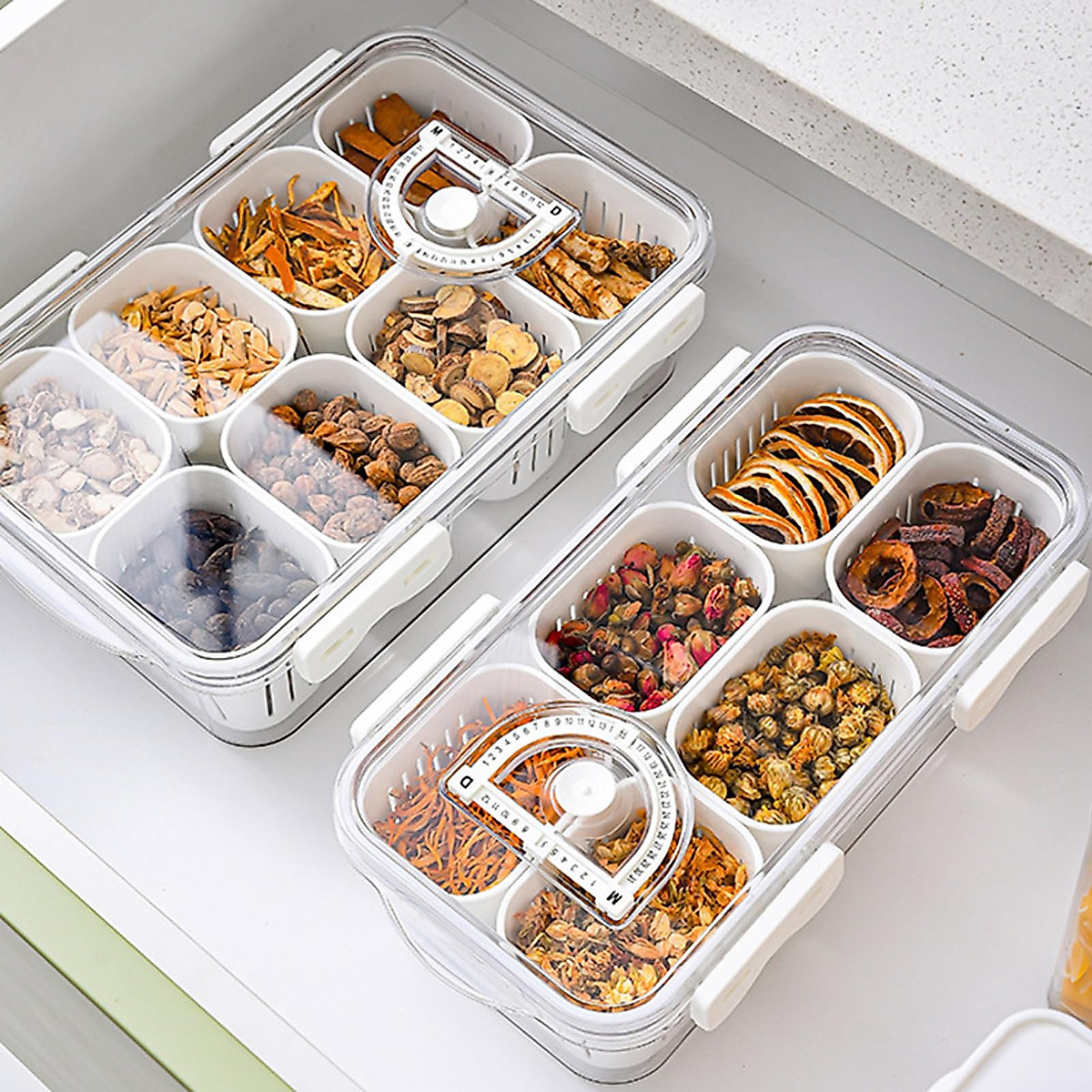 MANO Serving Trays for Party Divided Veggie Tray with Lid Sealed Sectioned Fruit Snack Serving Platter Vegetable Storage with 6 Compartments Snackle Box Charcuterie Container Fridge Organizer