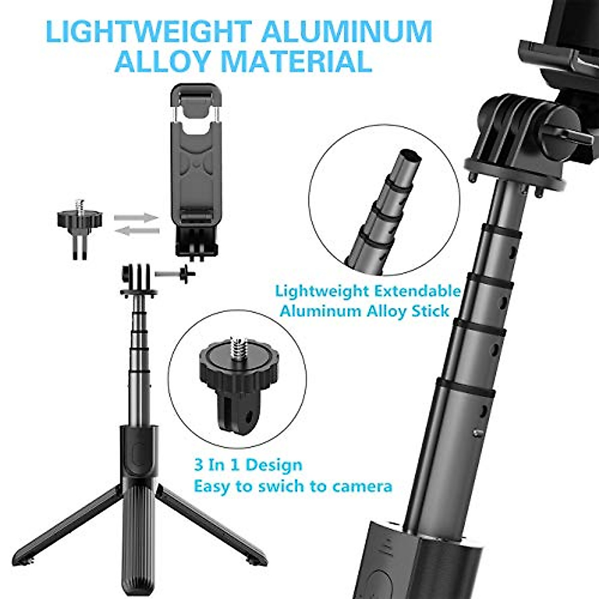 Selfie Stick Tripod with Removable Wireless Bluetooth Remote Shutter Compatible,Lightweight Extendable Aluminum Pocket Selfie Stick for iPhone 11/XR/X/8/8P/7/7P Android Phone，Gopro,Webcam and Camera