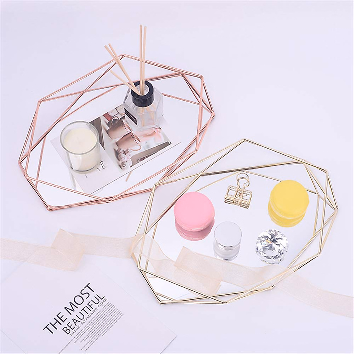 OurHommie Decorative Tray Rose Gold Mirror Jewelry Tray Organizer Rectangle can Hold Cosmetics Makeup Perfume Magazine, Luxury Birthday Day Gift for Girls Women
