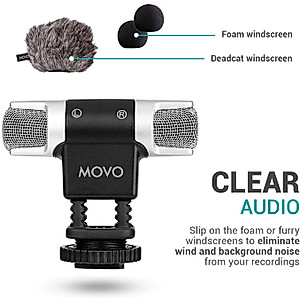 Movo VXR3000 Universal Stereo Microphone with Foam and Furry Windscreens and Travel Case - for iPhone and Android Smartphones, Canon EOS Nikon DSLR, and Action Cameras