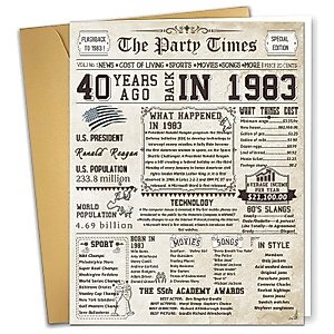 SRuntoo 40th Birthday Gifts for Men Women, Wedding Anniversary Bday Card for Parents, Vintage 40 Year Old Happy Birthday Decoration Greeting Card for Mom Dad Husband Wife Friends, Back In 1983