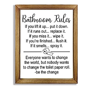 WTRA Funny Bathroom Rules Sign Rustic Farmhouse Wall Art Decor, Toilet Wood Frame Hanging Signs 16x6 Inch, Modern Farmhouse Room Wall Art For Bedroom Living Home Decoration Solid Art Signs