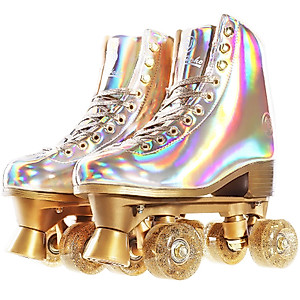 JajaHoho Roller Skates for Women, Holographic High Top PU Leather Rollerskates, Shiny Double-Row Four Wheels Quad Skates for Girls and Age 8-50 Indoor Outdoor (Size 8, Champagne Gold)