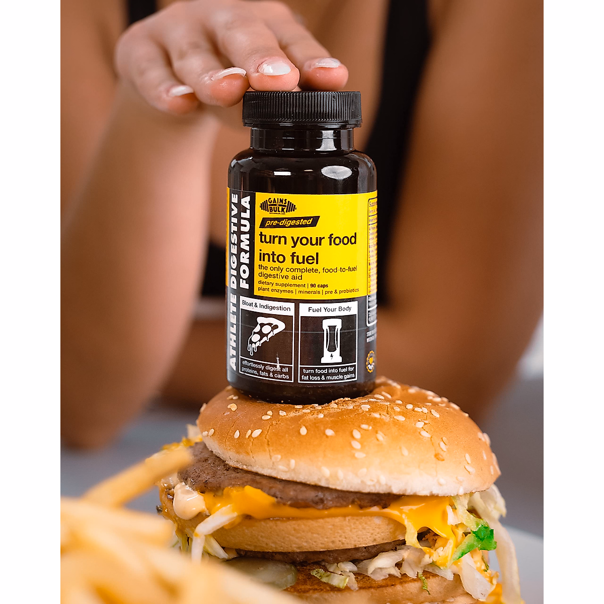 Gains in Bulk, Athlete Digestive Formula, Digestive Enzymes and Probiotics (90 Count) 8 Strains of Live probiotics, 16 Different Plant enzymes. Patented Stabilized Probiotics