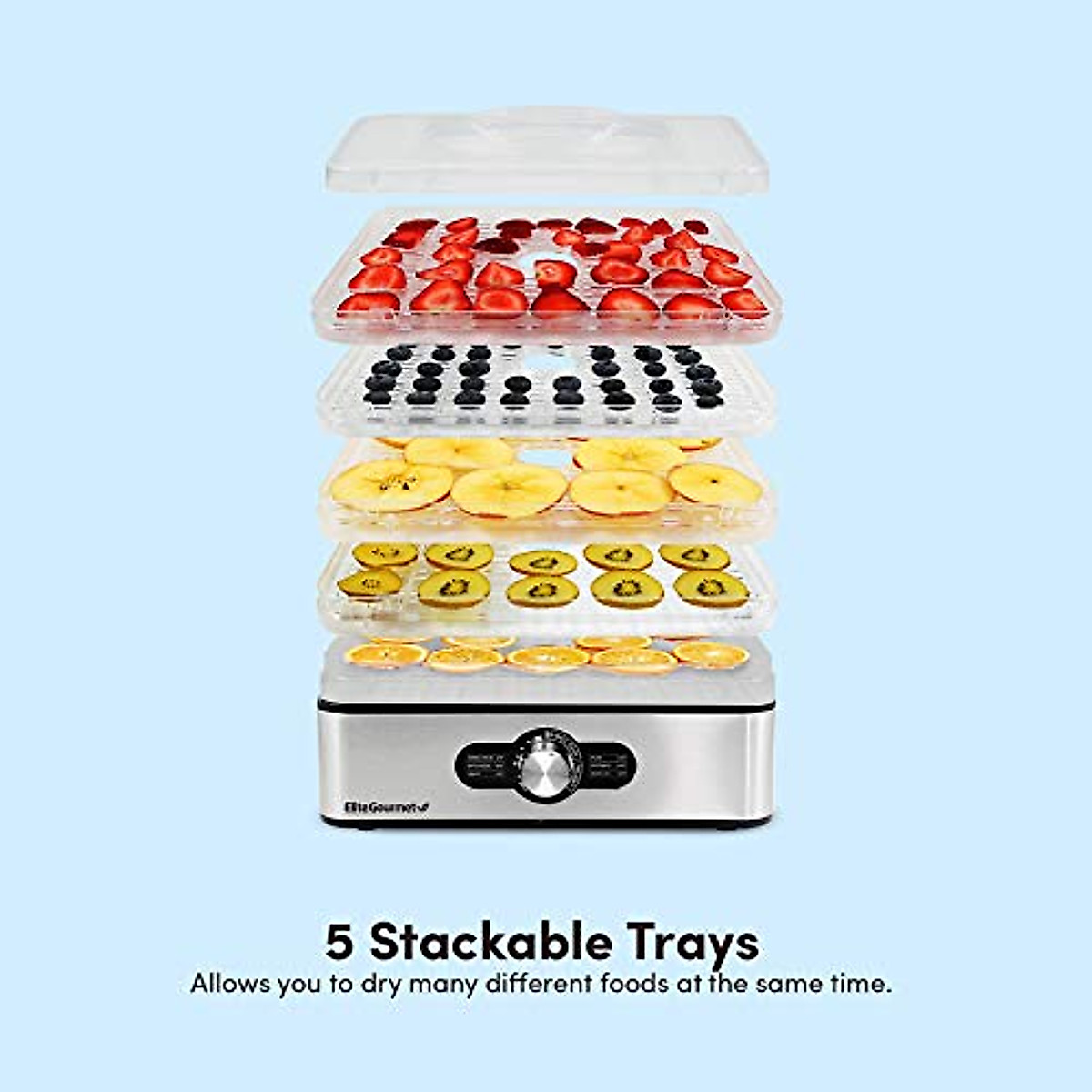 Elite Gourmet EFD3321 Food Dehydrator, Stainless Steel Trays Adjustable Temperature Controls, Jerky, Herbs, Fruit, Veggies, Dried Snacks, Stainless Steel
