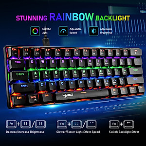 Compact Mechanical Gaming Keyboard Mini Portable with Ergonomic 61 Key Layout Multi Rainbow LED Backlight Anti-ghosting Waterproof Type-C USB Wired for PC MAC Gamer Computer Typist(Black/Blue Switch)