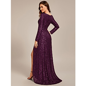 Ever-Pretty Women's Sexy Deep V-Neck Long Sleeves Slit Sequin Cocktail Dresses Dark Purple US10
