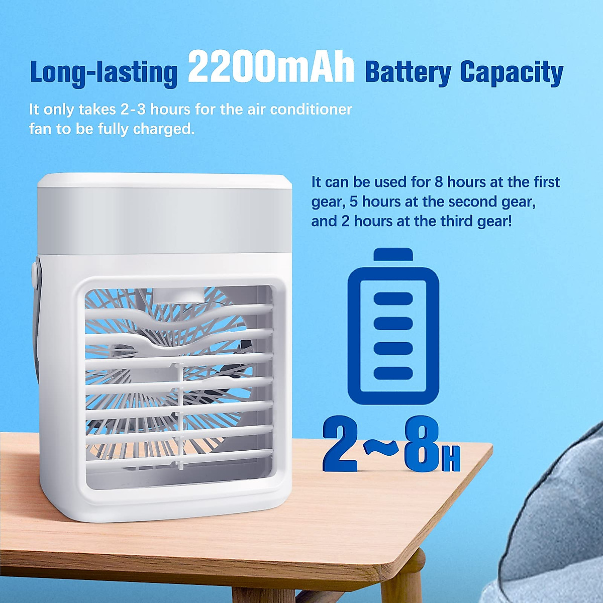 Portable Air Conditioner, Personal Evaporative Air Cooler, Strong Wind Air Fan with 3 Speeds & 3 Misting & LED Light & Aromatherapy Slot Small Desktop Cooling Humidifier Fan for Bedroom, USB Charging