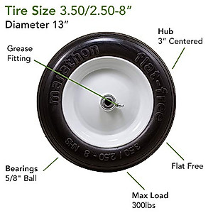 Marathon 3.50/2.50-8" Flat Free Tire on Wheel, 3" Hub, 5/8" Bearings