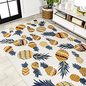 JONATHAN Y AMC117A-5 Ananas Bold Pineapple High-Low Indoor Outdoor Area-Rug, Tropical Coastal Casual Easy-Cleaning,Bedroom,Kitchen,Backyard,Patio,Non Shedding, 5 X 8, Orange/Navy