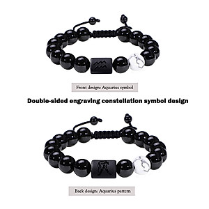 Zodiac Bracelet for Couple 8mm 10mm Natural Black Onyx Stone Star Sign Constellation Distance Friendship Prayer Blessing Bracelet Gifts Men Women Size adjustable (Men 10mm beads,Aquarius)