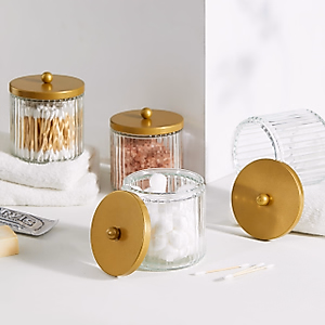 KMwares Glass Qtip Holder Dispenser Set for Cotton Ball, Swab, Round Pads, Floss Picks - Bathroom Canister Storage Organization and Vanity Makeup Organizer (4, Golden)