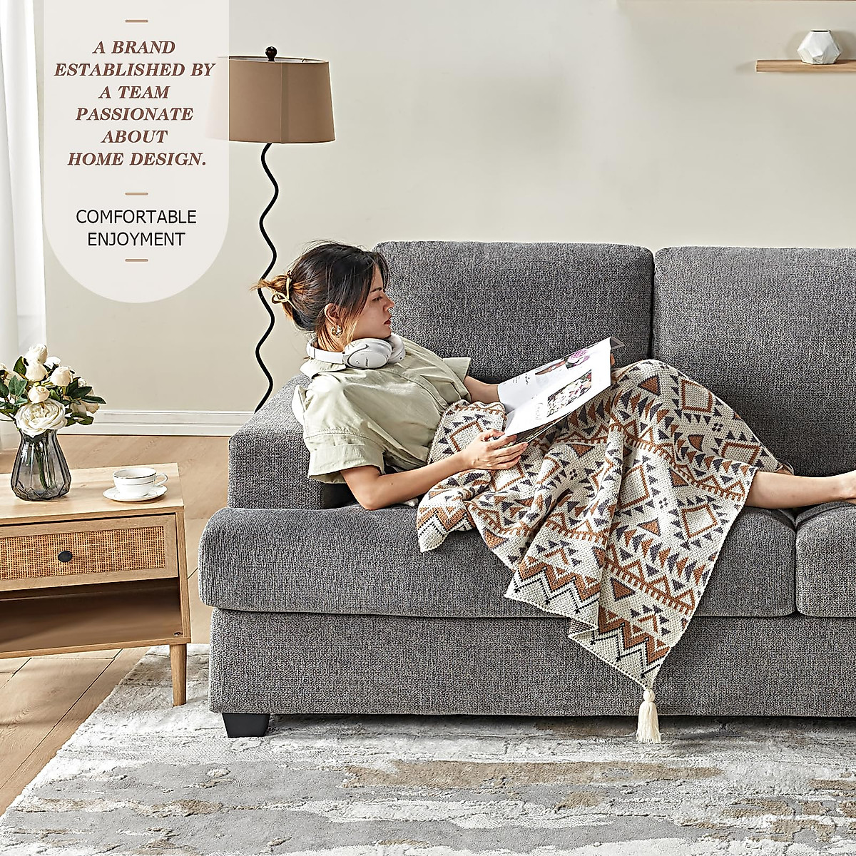 Merluxy Sofa, 97 Inch Deep Seat Sofa in Grey Chenille, 3 Seater Sofa with Square Armrest, Modern Couch for Living Room, Apartment