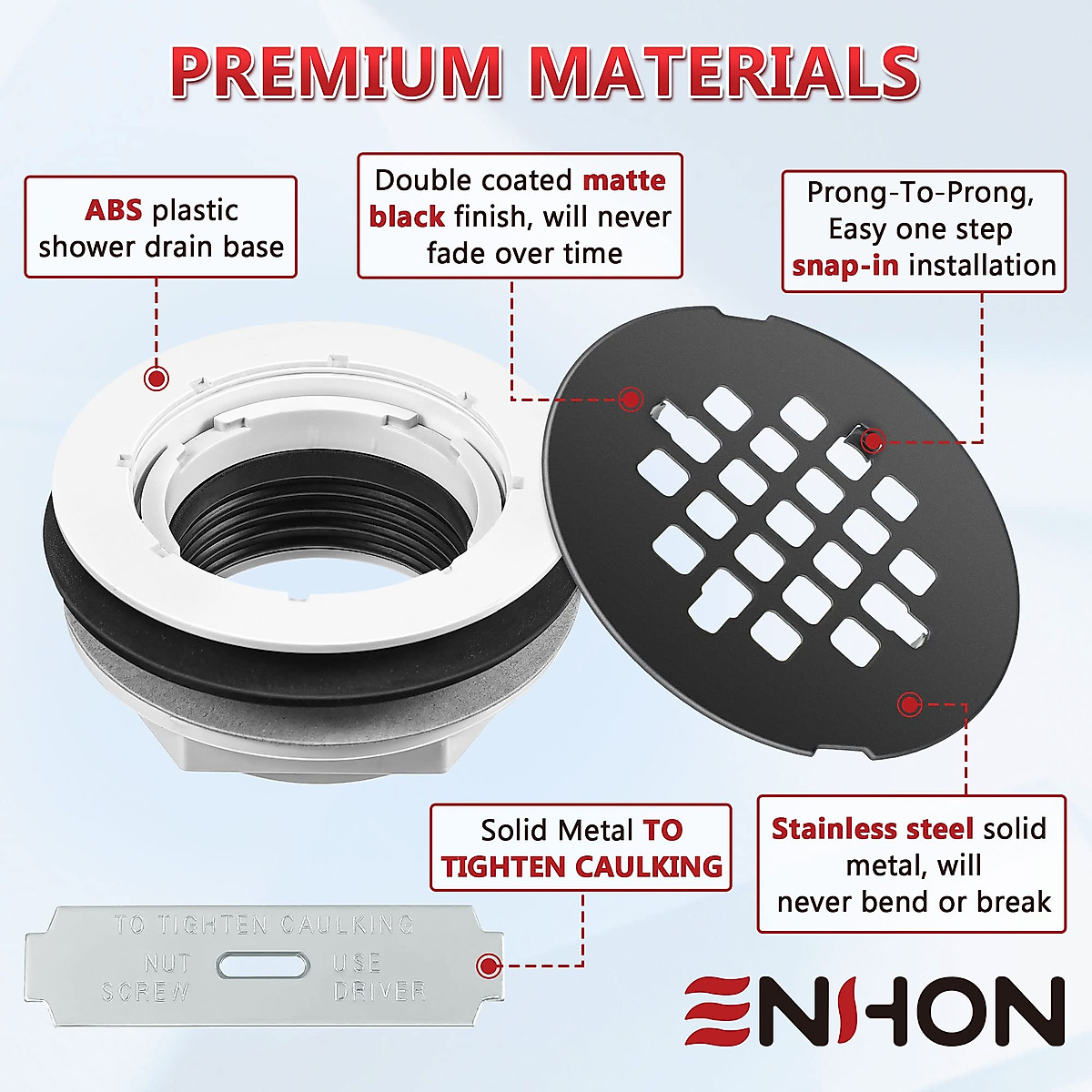 4-1/4" OD Shower Drain Assembly, Snap in Shower Base Drain and Matte Black Round Grid Strainer Cover, Fits 2 in. Schedule 40 ABS and PVC Pipes, Stainless Steel Cap, ABS Drain Base