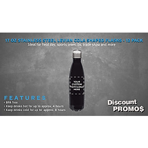 DISCOUNT PROMOS Custom Levian Cola Shaped Flasks 17 oz. Set of 12, Personalized Bulk Pack - Perfect for Gym, Camping, and Any Indoor/Outdoor Activities - Black
