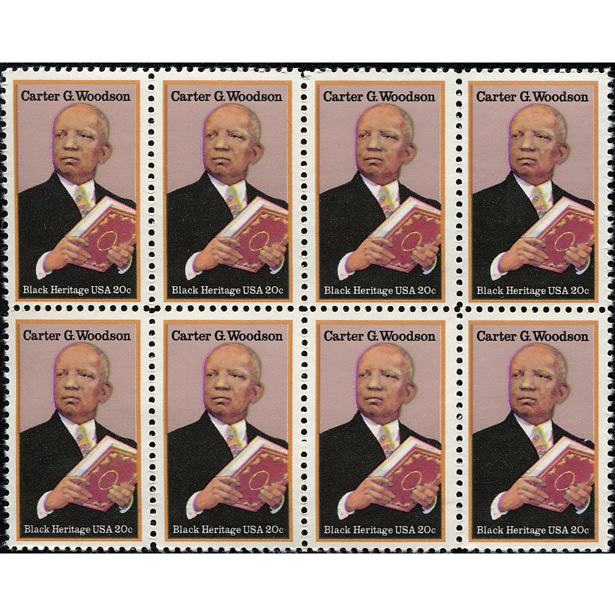 CARTER G WOODSON ~ BLACK HERITAGE ~ BLACK HISTORY ~ RESEARCHER #2073 Block of 8 x 20¢ US Postage Stamps