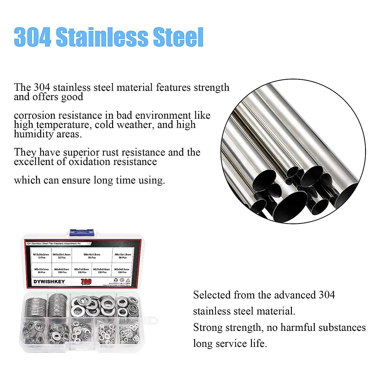 DYWISHKEY 700 Pieces 9 Sizes Stainless Steel Flat Washers Assortment Kit (M2 M2.5 M3 M4 M5 M6 M8 M10 M12)