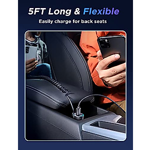 USB C Car Charger, 60W Super Fast Car Charger PD& QC3.0 with 5ft 30W Super Fast Type C Coiled Cable, Car Charger for Samsung Galaxy S23/S22/S21/Google Pixel/Moto/LG/Android, iPad Pro