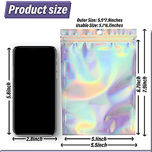100 Pieces Resealable Holographic Bags-5.5x7.9''smell proof Foil Pouch Bags, Ziplock Bags for Party Favor Food Storage