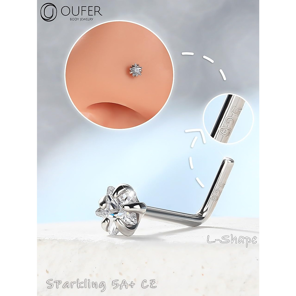OUFER 925 Sterling Silver Nose Studs, L Shaped Nose Rings Studs, 20G Nostril Solid 3mm Star CZ Nose Piercing Jewelry, Nose Studs For Women Men (L - 3mm Star)