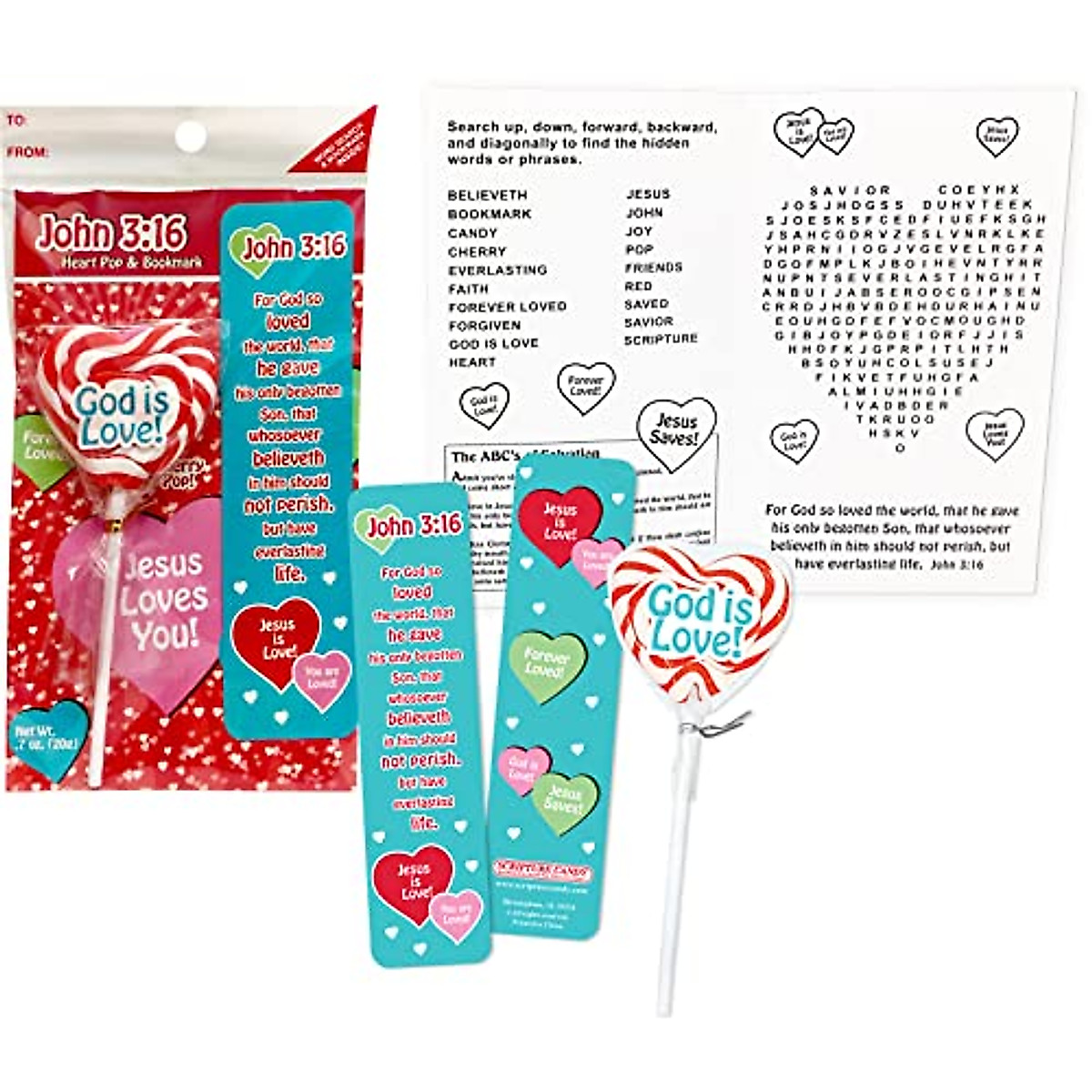 Scripture Candy, John 3:16 Cherry Flavored Heart Pop, Bookmark & Activity Set, 12 Count