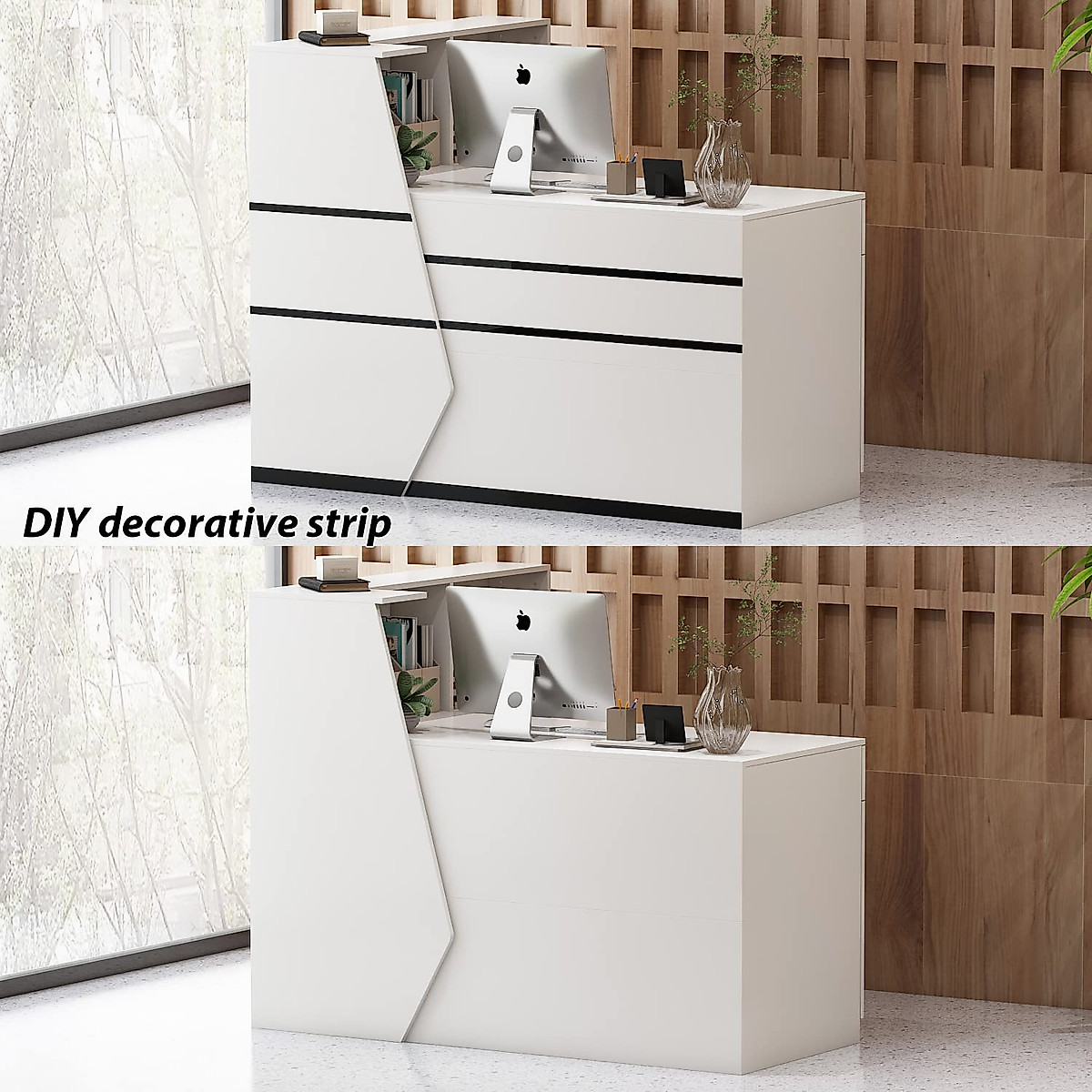 AIEGLE Reception Desk with Hutch, Reception Counter Desk with Lockable Drawers & Shelves, for Salon Recetion Room Retail Counter Checkout Office, White (55.1" W x 43.3" D x 43.3" H)