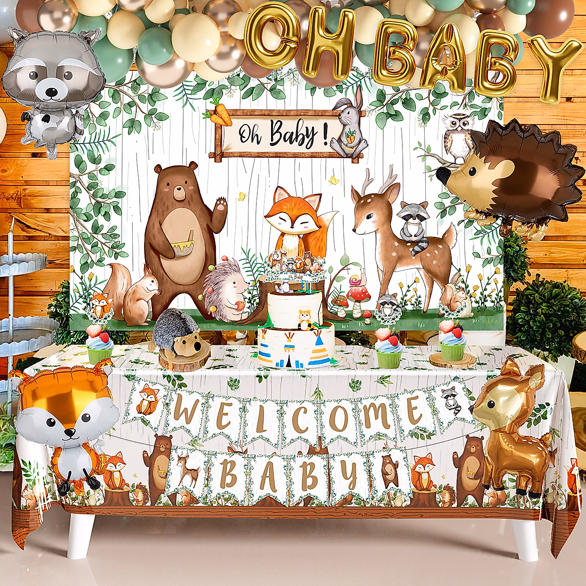 Woodland Animals Baby Shower Decoration Pack Forest Animal Neutral Gender Reveal Party Supplies Woodland Themed Birthday Party Ideas Set 106 Pcs Backdrop, Tablecloth, Cake Toppers, Balloons (Woodland