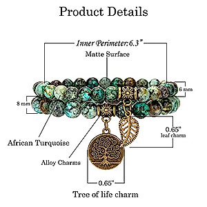 Natural Semi Precious Gemstone Beads Bracelet for Women - Tree of Life and Leaf Charm Chakra Energy Healing Anxiety Stretch Bracelets(African Turquoise)