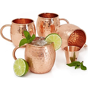 Willow & Everett Set of 4 Moscow Mule Copper Mugs with Copper Shot Glass - 4 16oz Copper Moscow Mule Mugs - Solid Copper Hammered Mug - Copper Cups for Moscow Mules